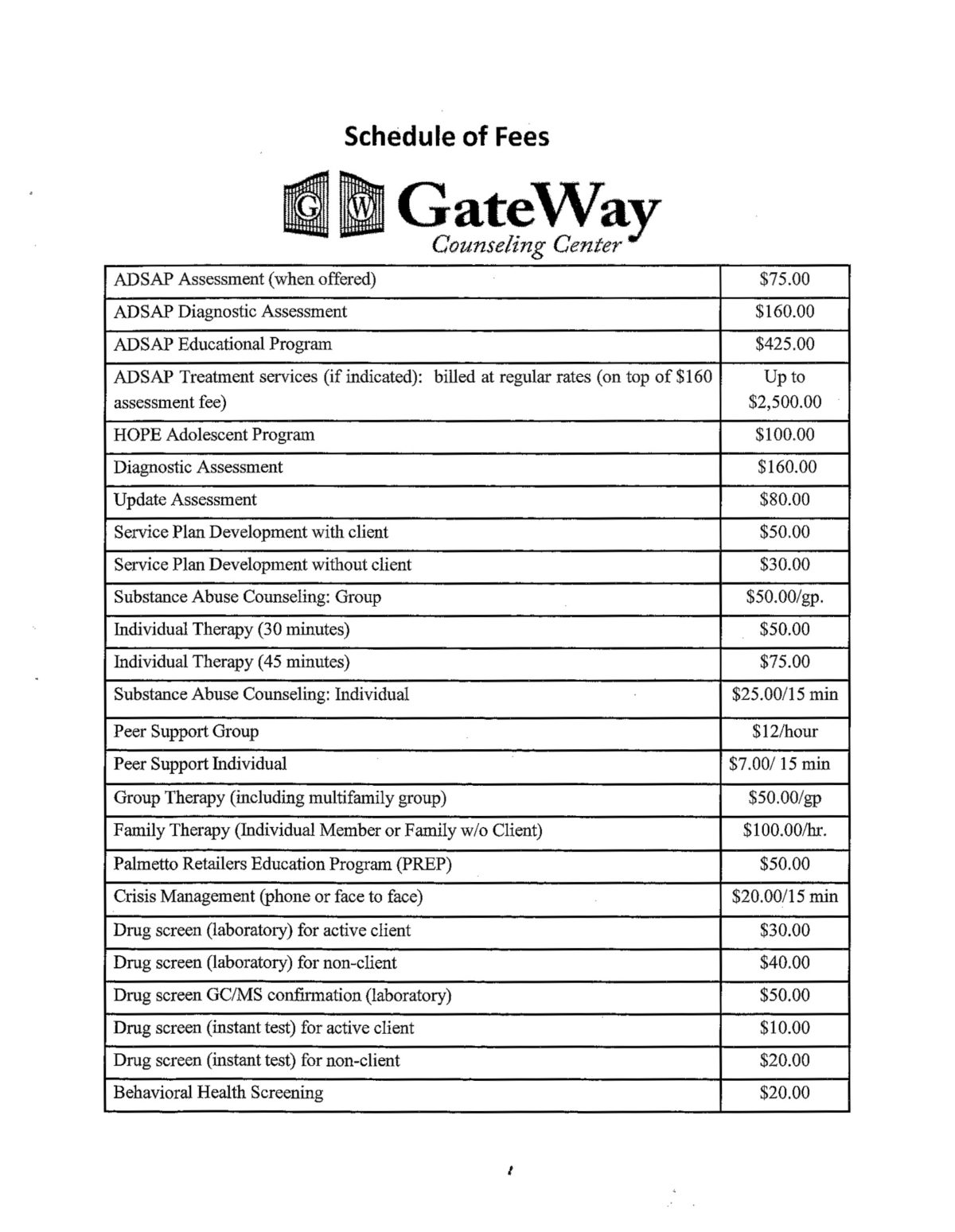 Fee Schedule – Gateway Counseling